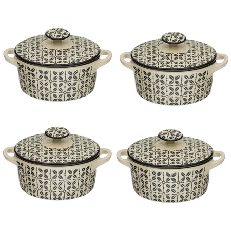 Set 4 boluri supa din ceramica cu capac, bej negru, 600 ml - eMAG.ro