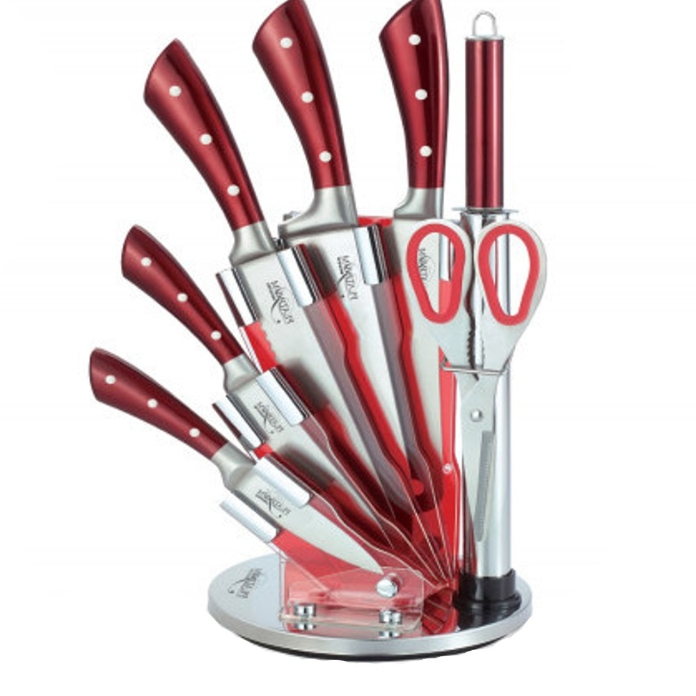 Set de cutite profesionale cu 8 piese, cu suport, rosu, Platinum ...