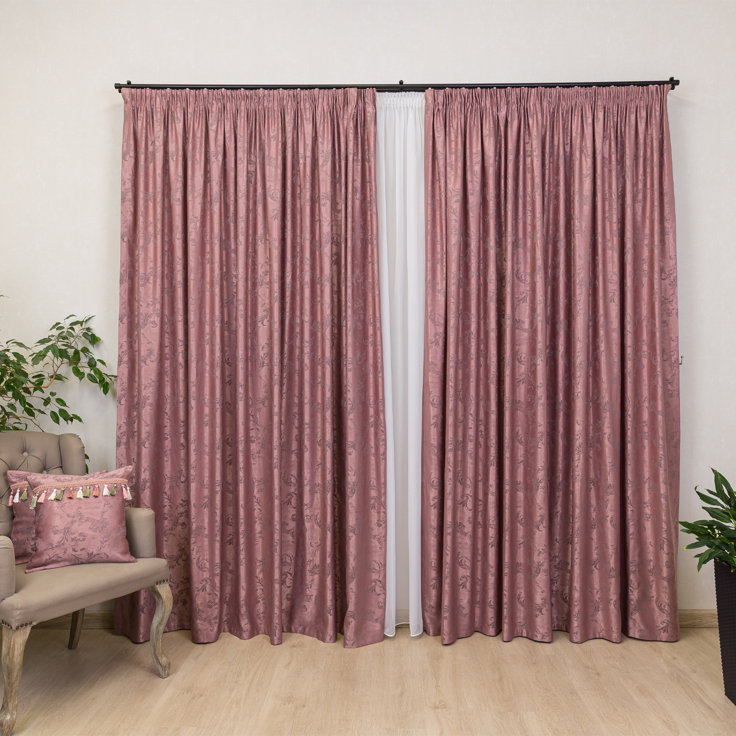 Set 3 piese Hiko, doua draperii Imperial Garden roz 2x400x245 cm si o ...