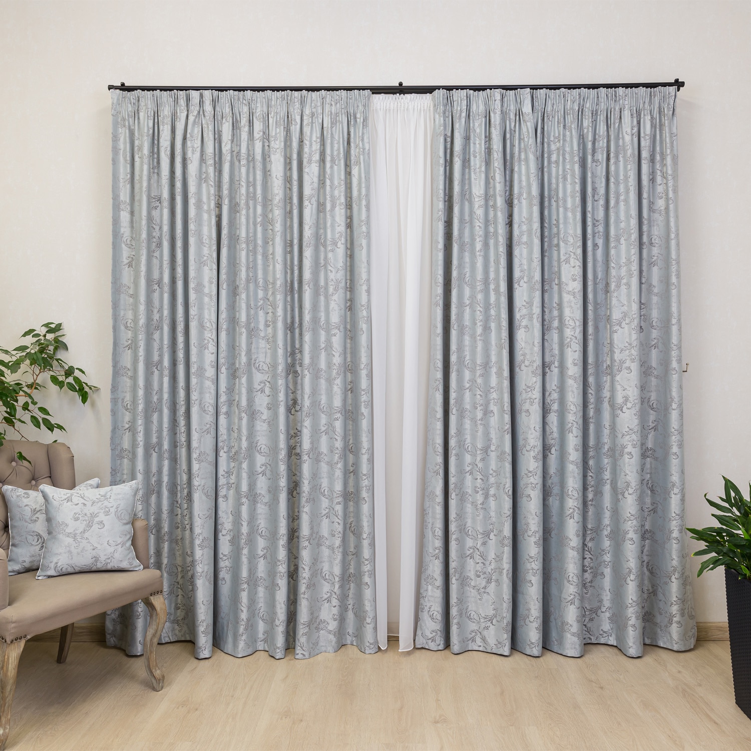 Set 2 draperii Hiko Imperial Garden gri 2x300x245 cm, cu rejansa - eMAG.ro