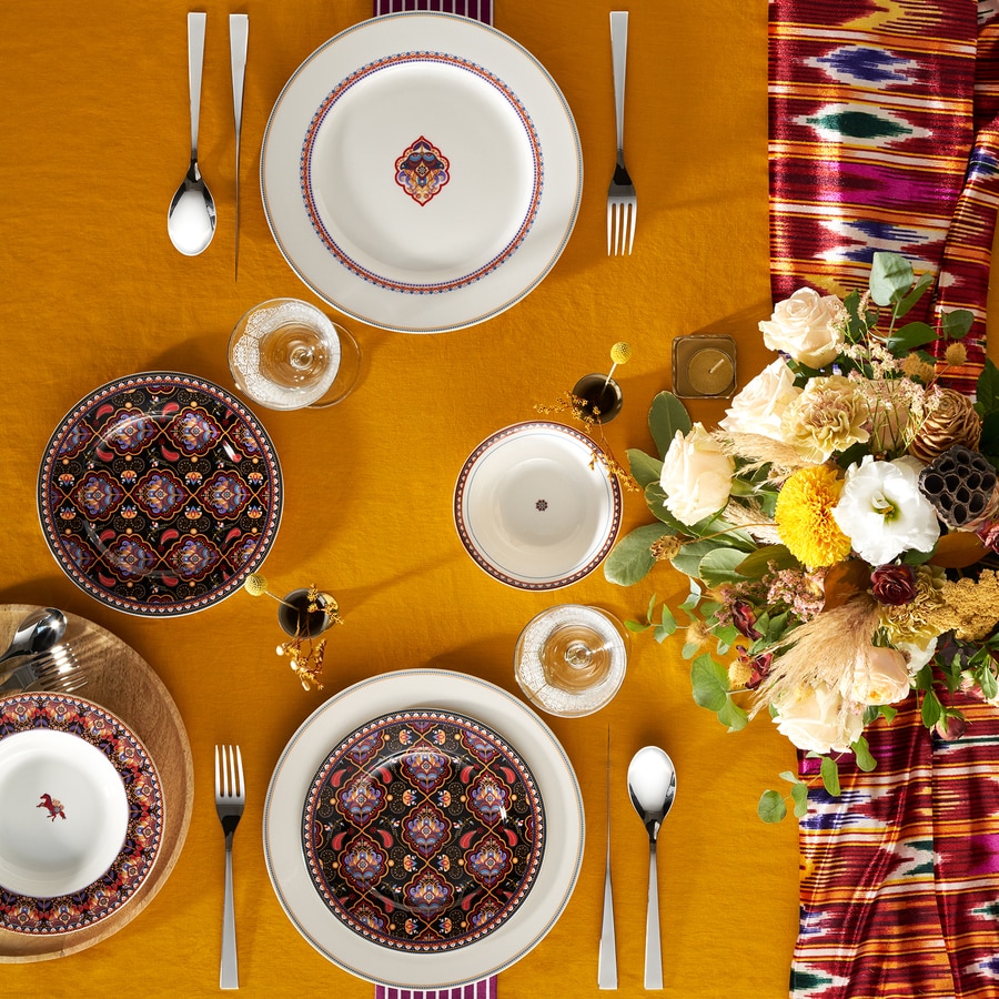 Set 24 de vase din portelan pentru 6 persoane Agra, Karaca, Alb/Rosu ...