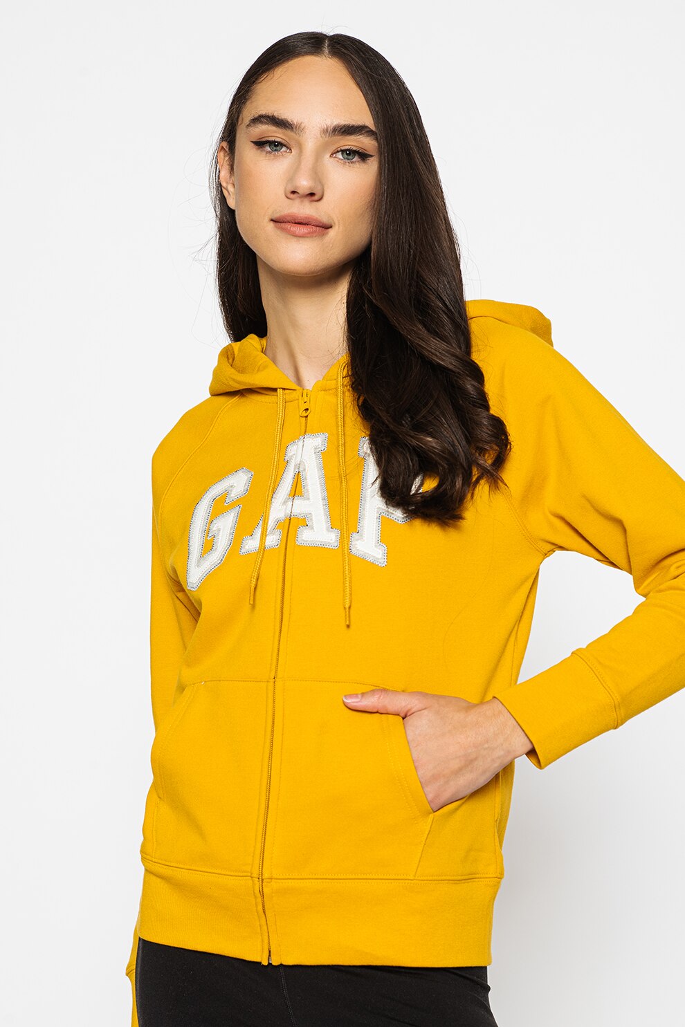 GAP, Худи с цип и пришито лого, Шафраново жълто, XS - eMAG.bg