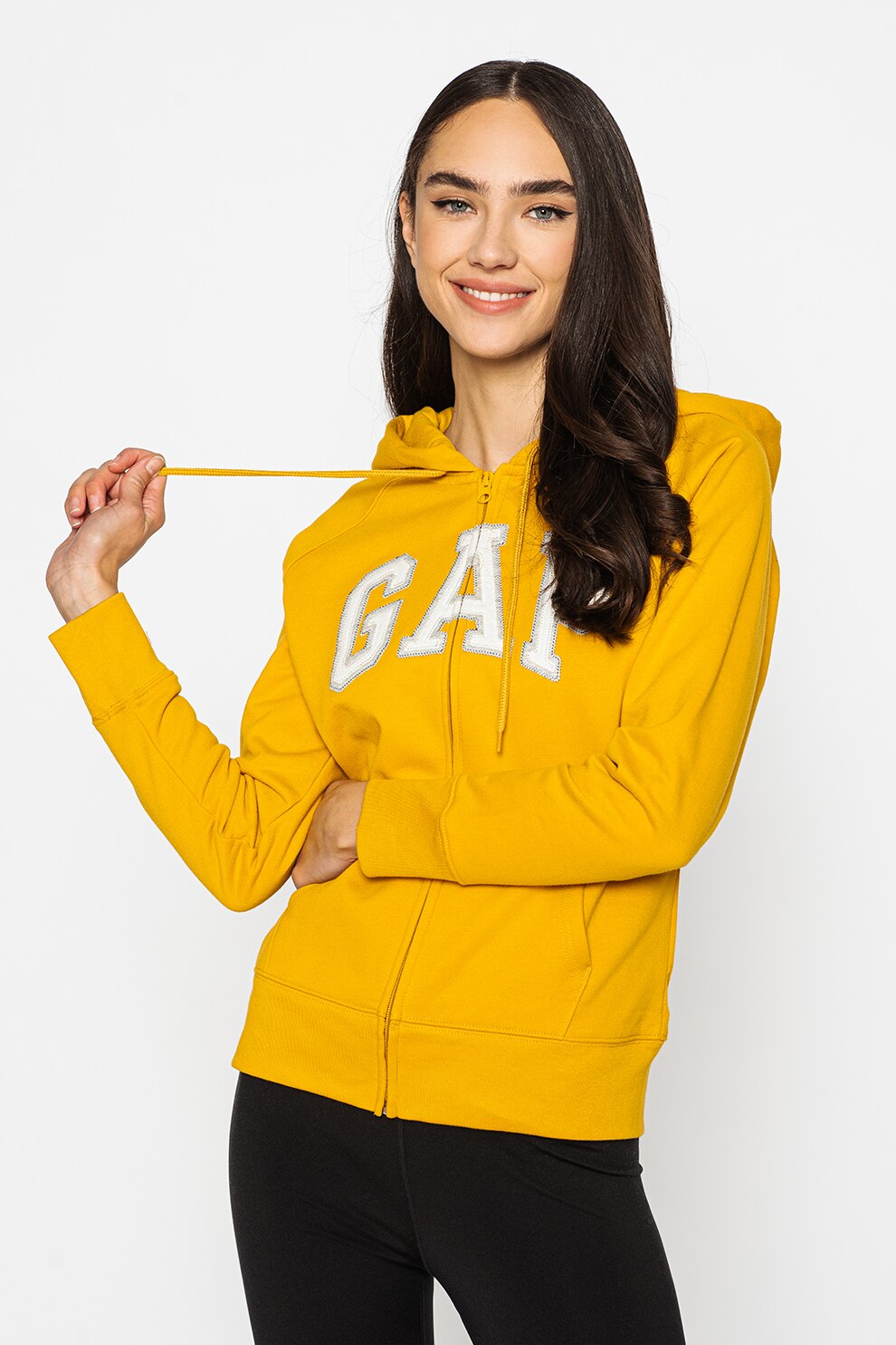 GAP, Худи с цип и пришито лого, Шафраново жълто, XS - eMAG.bg