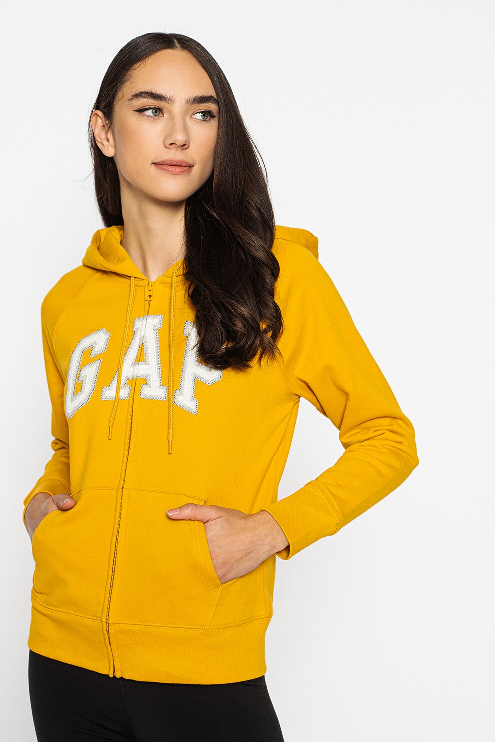 GAP, Худи с цип и пришито лого, Шафраново жълто, XS - eMAG.bg