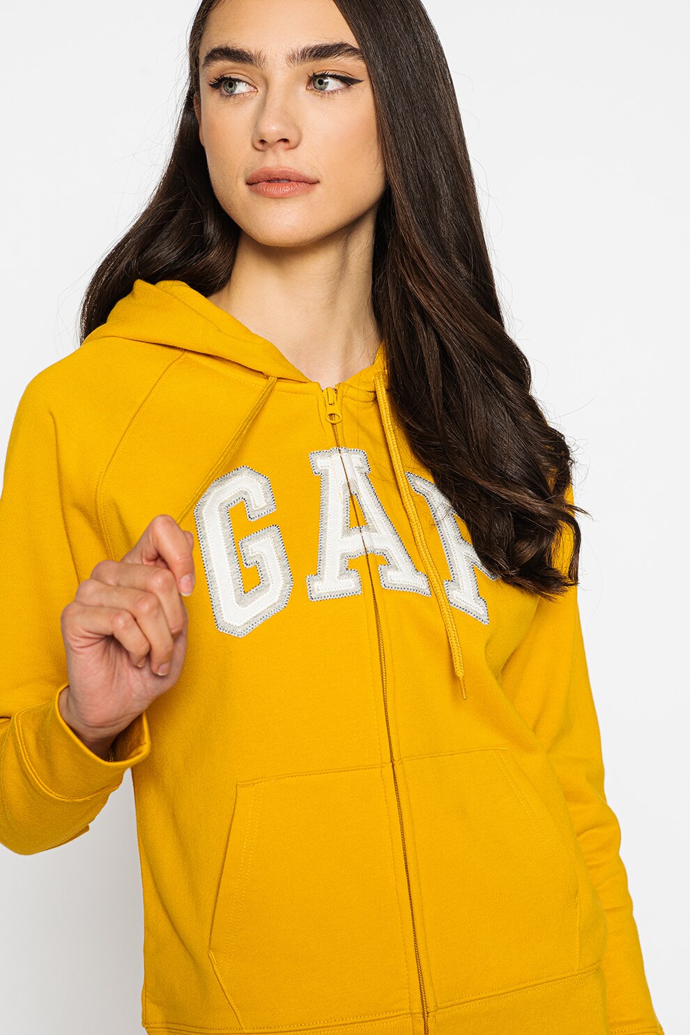 GAP, Худи с цип и пришито лого, Шафраново жълто, XS - eMAG.bg