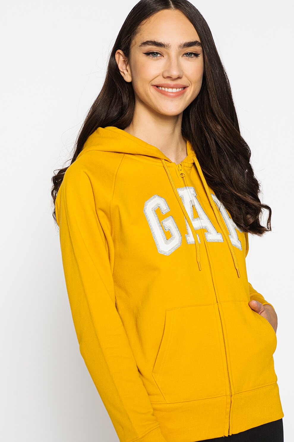 GAP, Худи с цип и пришито лого, Шафраново жълто, XS - eMAG.bg