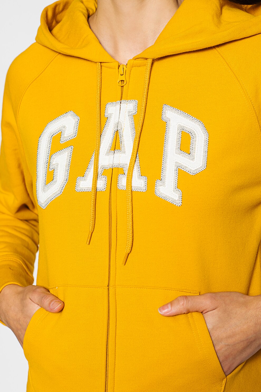 GAP, Худи с цип и пришито лого, Шафраново жълто, XS - eMAG.bg