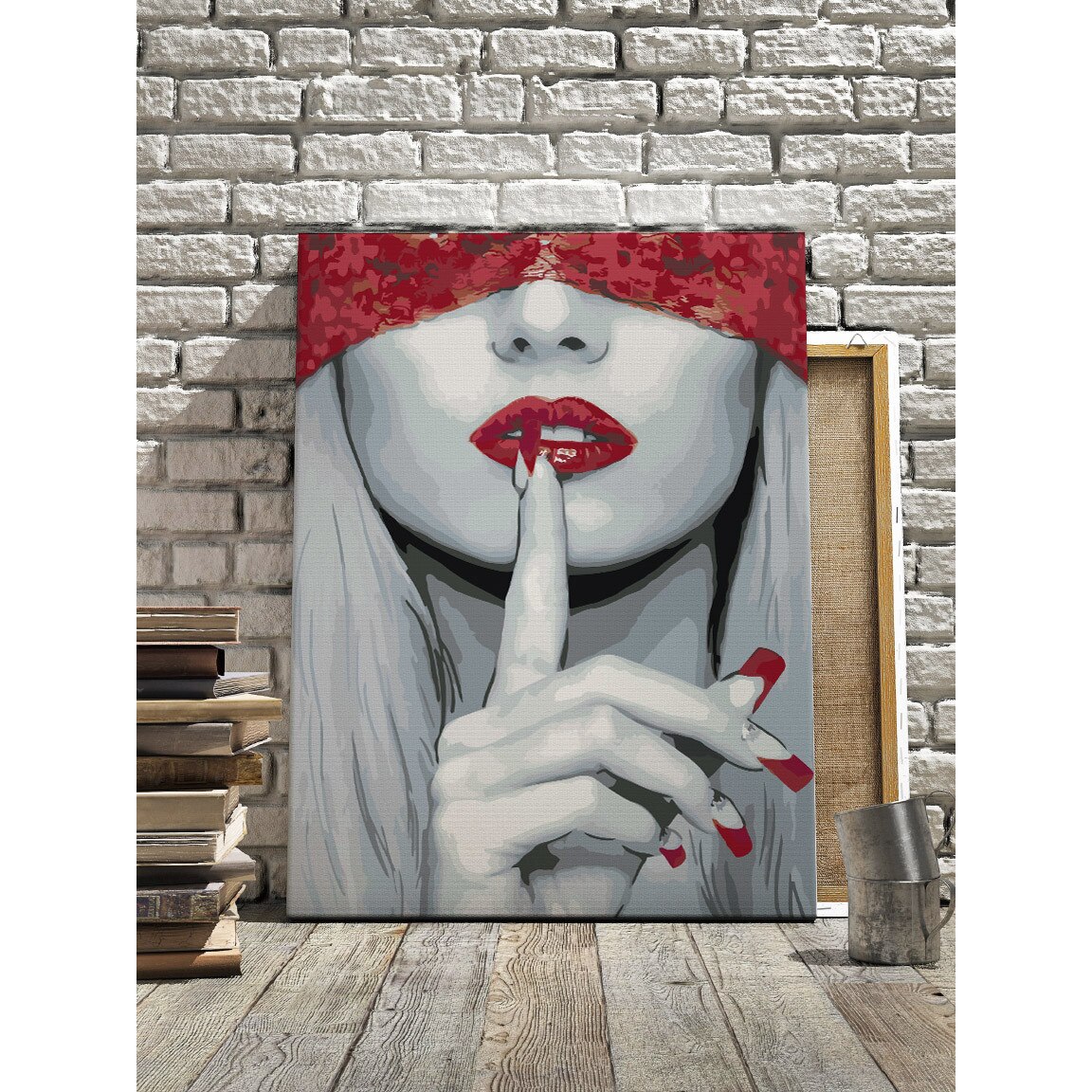 Set pictura pe numere Femeia cu buze rosii 1212, panza bumbac pe rama ...