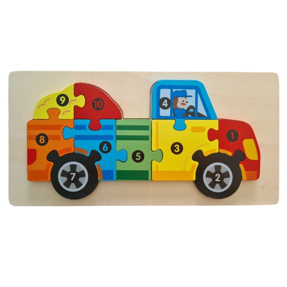 Puzzle lemn Masinuta 10 piese cu numere, +3 ani, 30x15 cm - eMAG.ro