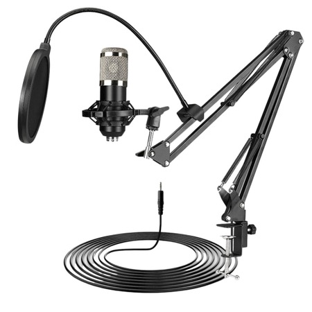 Pachet microfon studio condensator / cu suport si accesorii, Negru ...