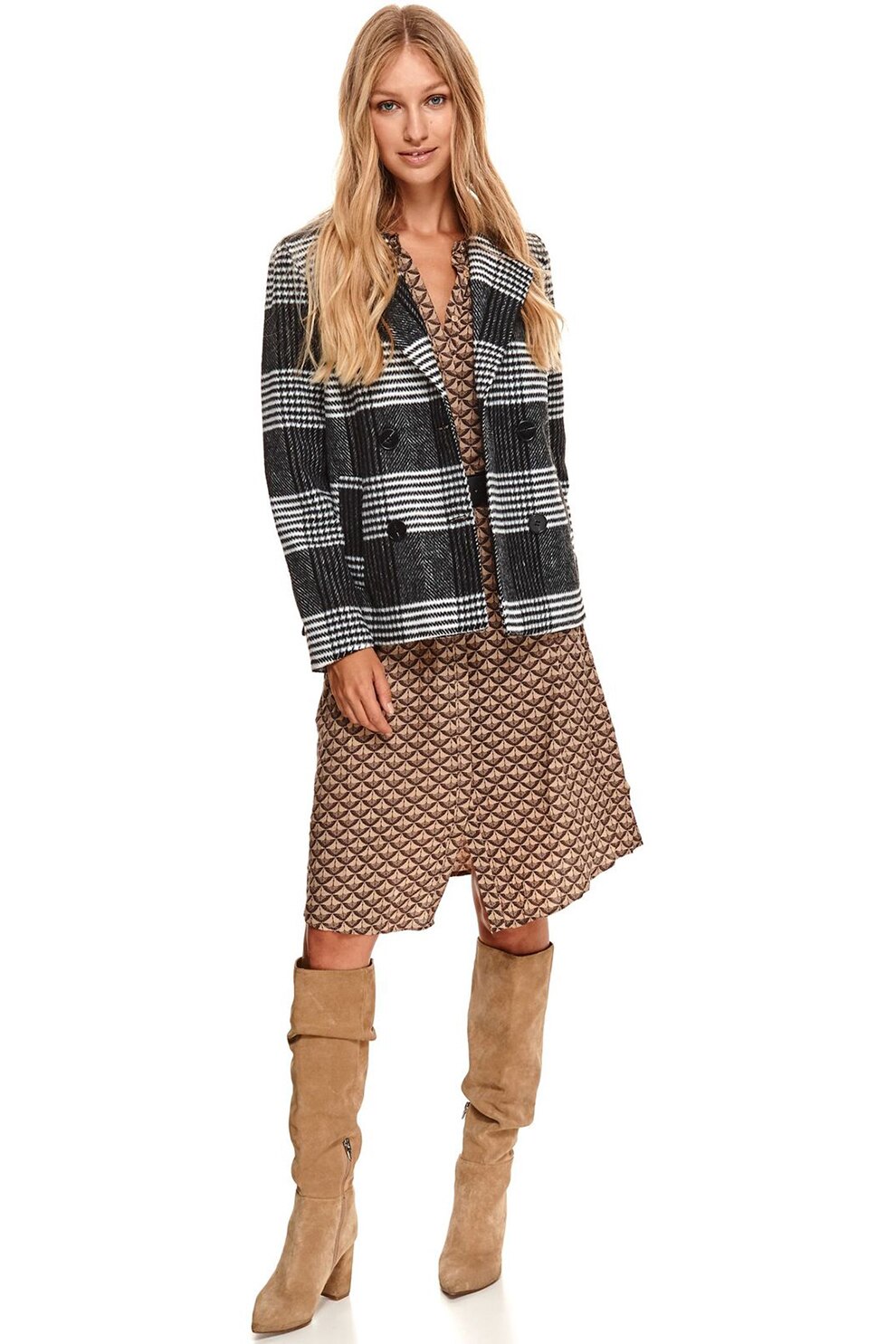 Top Secret, Haina cu model in carouri si revere, Negru/Alb, 38 - eMAG.ro