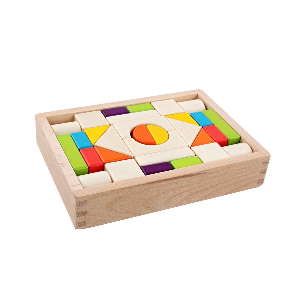 Set constructie, cuburi din lemn cu 30 de piese colorate pentru copii ...