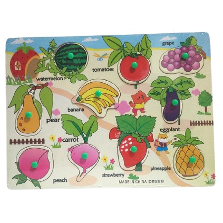 Puzzle din lemn pentru copii cu fructe si legume, in limba engleza, 10 ...