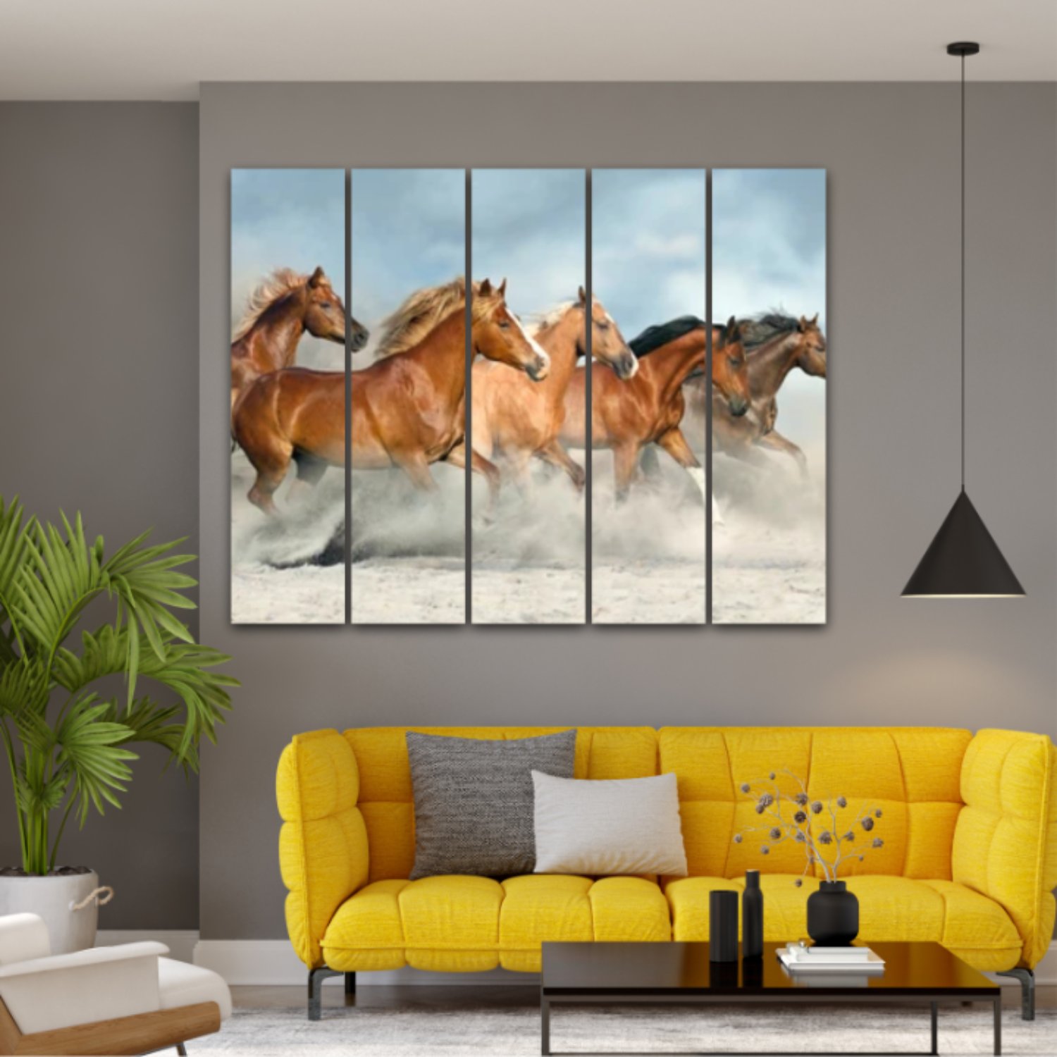 Set 5 Tablouri Multicanvas, Cai 501, Tipar UV pe panza Frontlit PVC si ...