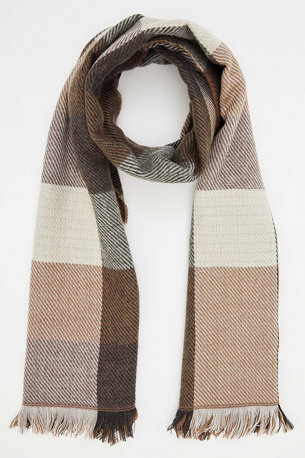 DeFacto, Fular in carouri cu franjuri, aro melange, gri melange inchis ...