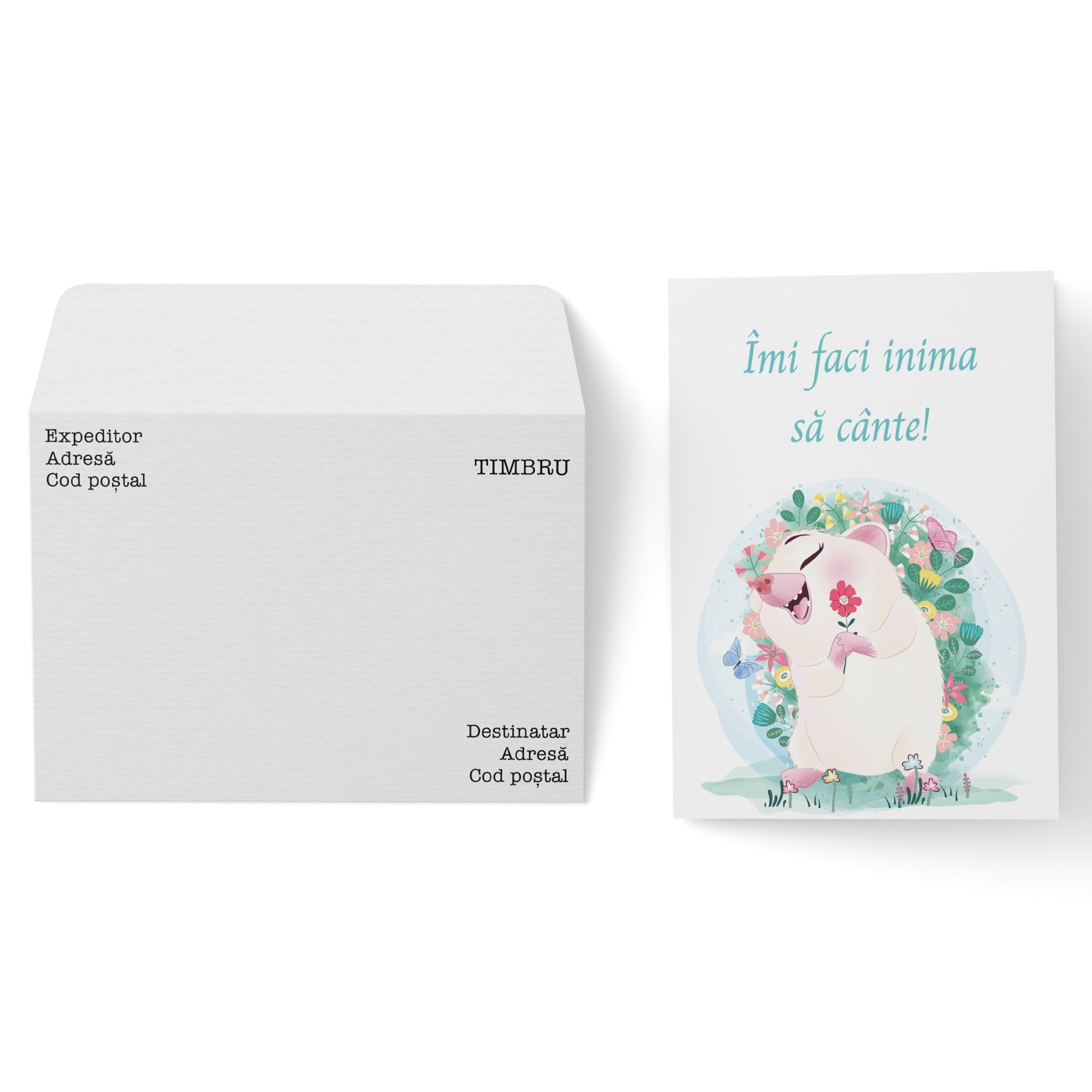 Felicitare cu plic, hartie texturata premium - arici impodobit cu flori ...