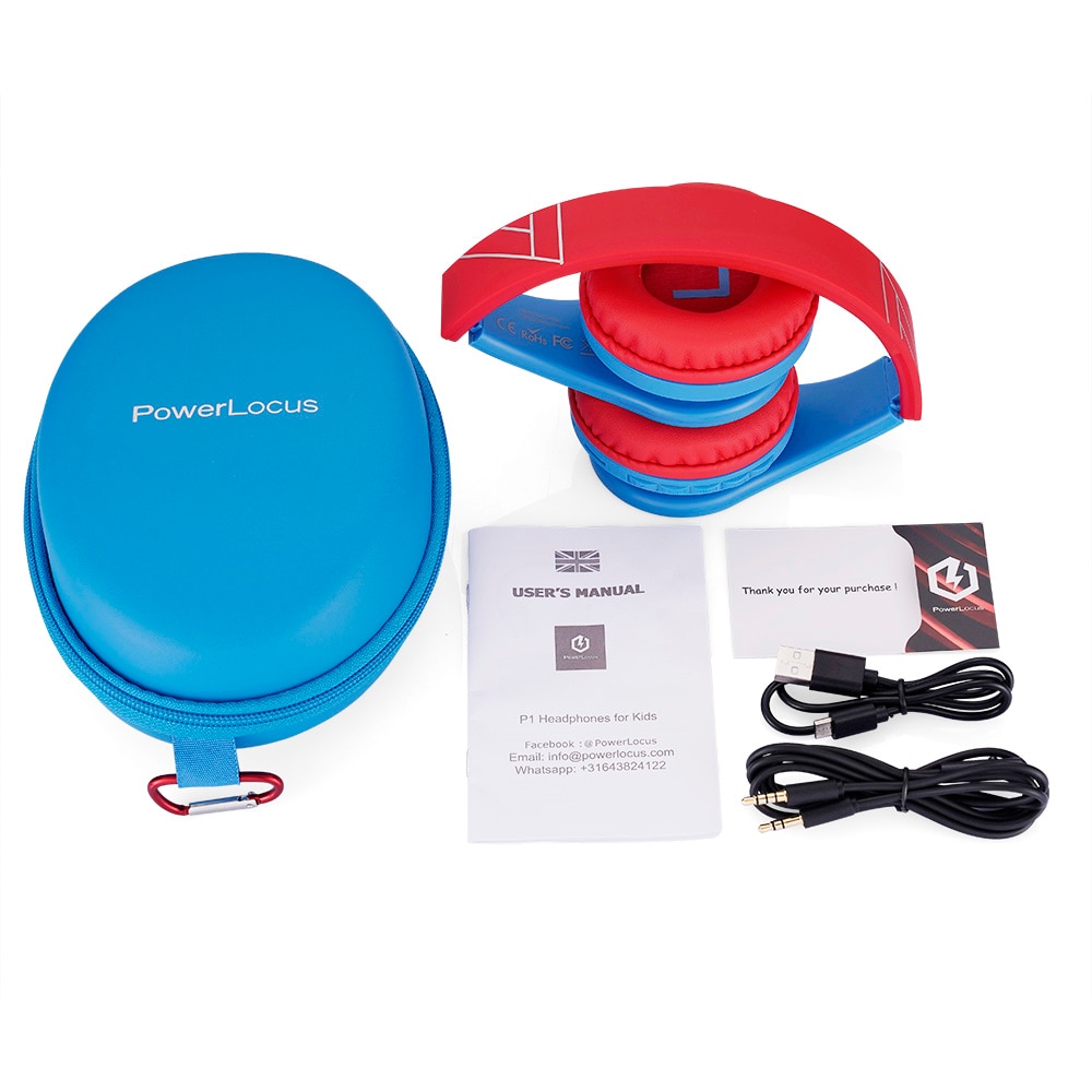 Детски слушалки PowerLocus P1, Bluetooth, Micro SD slot, Син/Червен ...