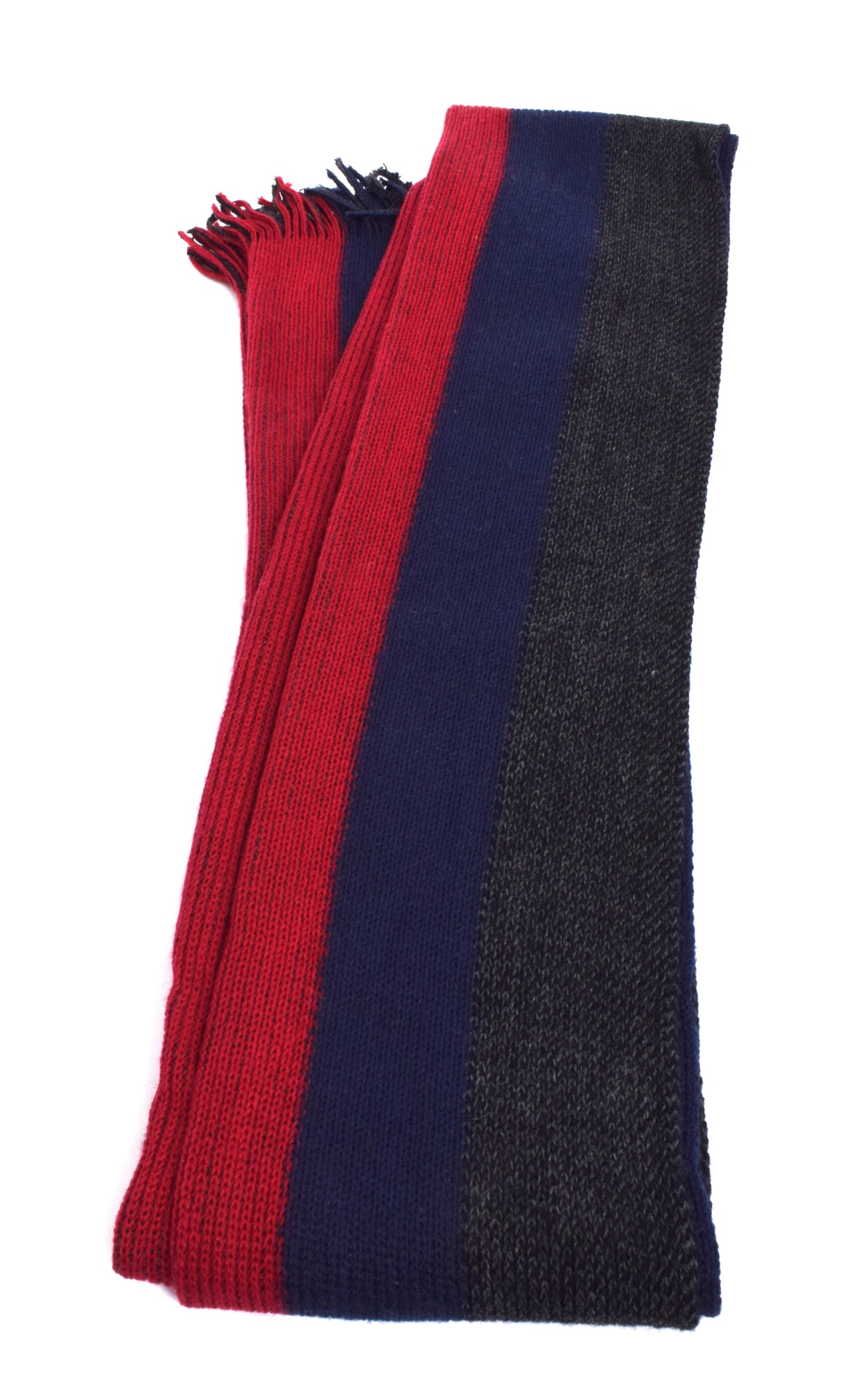 Fular lana, celio, cu dungi gri, albastru, rosu, 180 x 25 cm - eMAG.ro