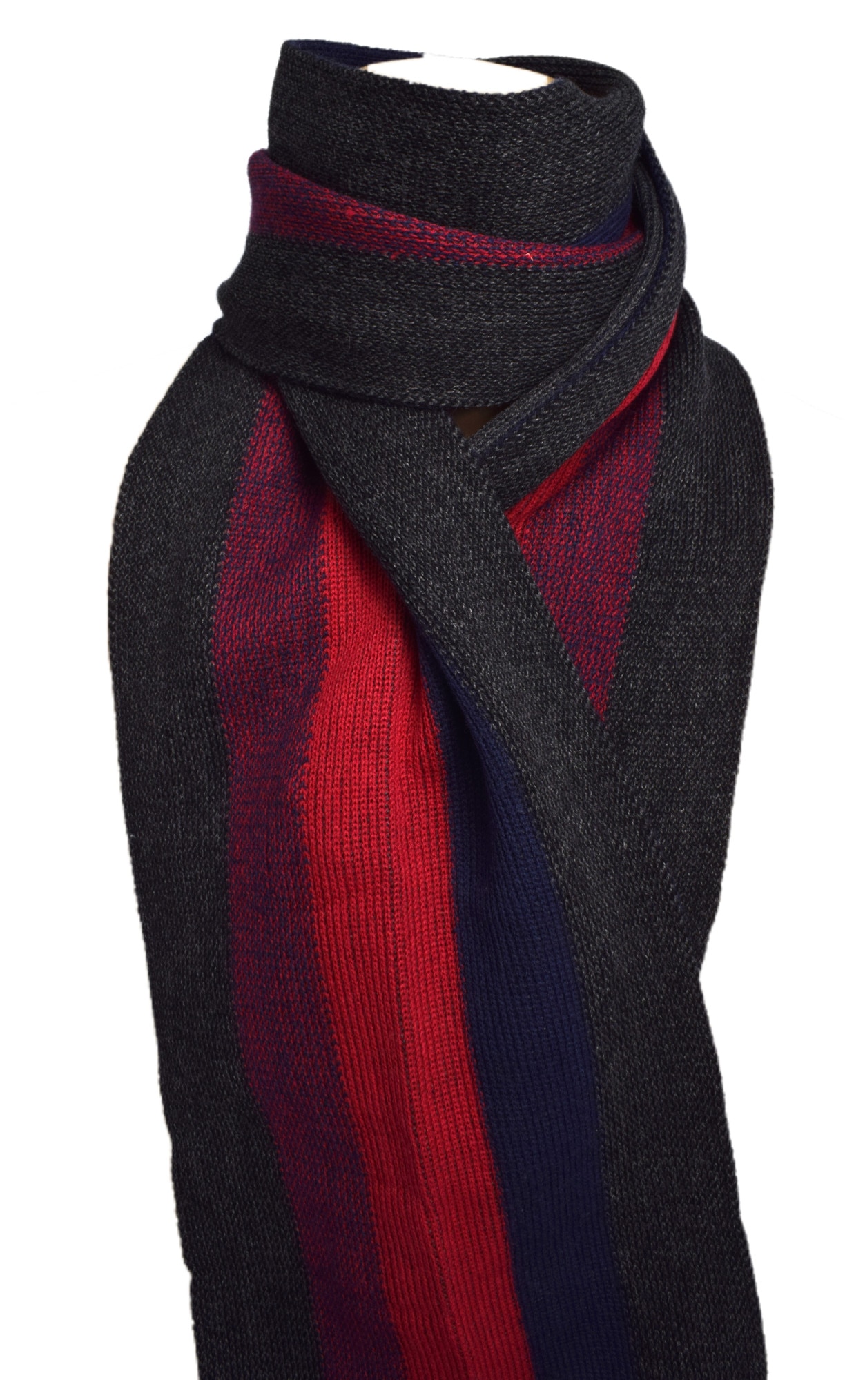 Fular lana, celio, cu dungi gri, albastru, rosu, 180 x 25 cm - eMAG.ro