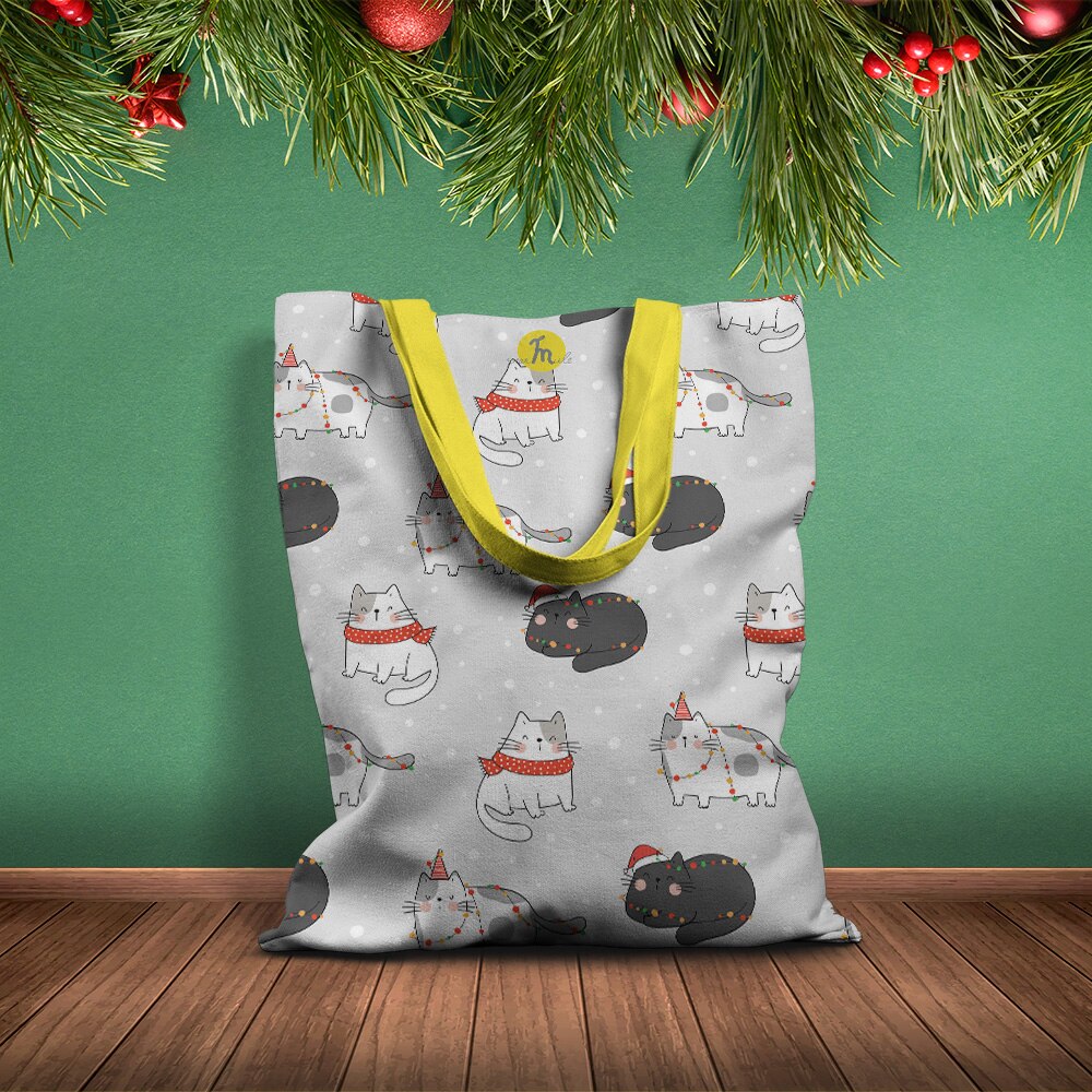 Geanta Handmade Tote Basic, Pisici in Zapada de Craciun, Multicolor ...
