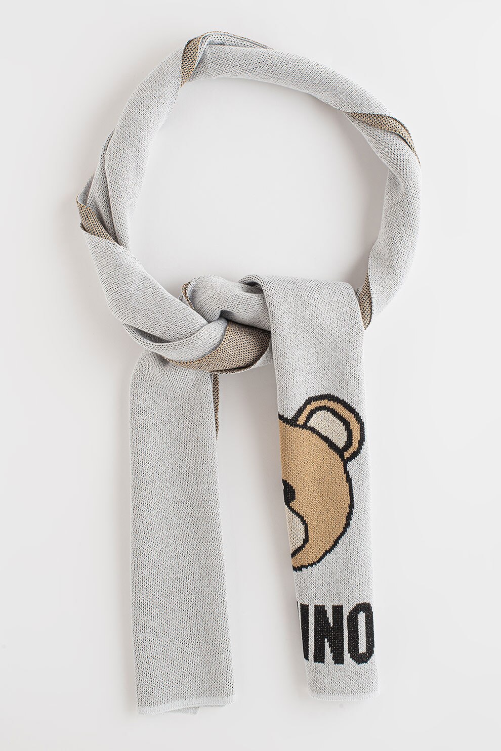 Moschino, Fular tricotat fin cu logo cu ursulet, Alb/Argintiu - eMAG.ro