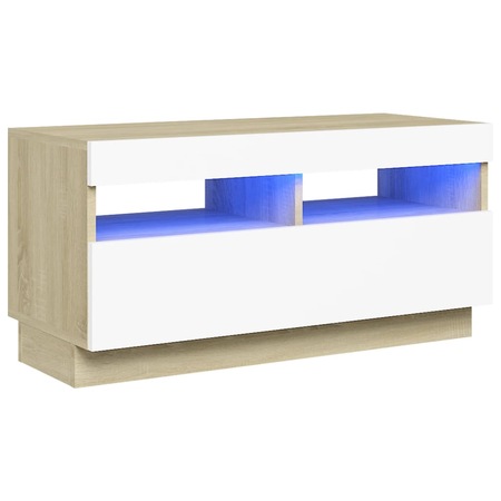 Comoda TV cu lumini LED, Lemn compozit, 80x35x40 cm, Alb/Stejar Sonoma ...