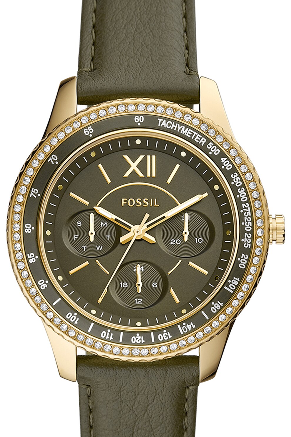 Fossil, Ceas cu functii multiple si cristale, Verde militar - eMAG.ro