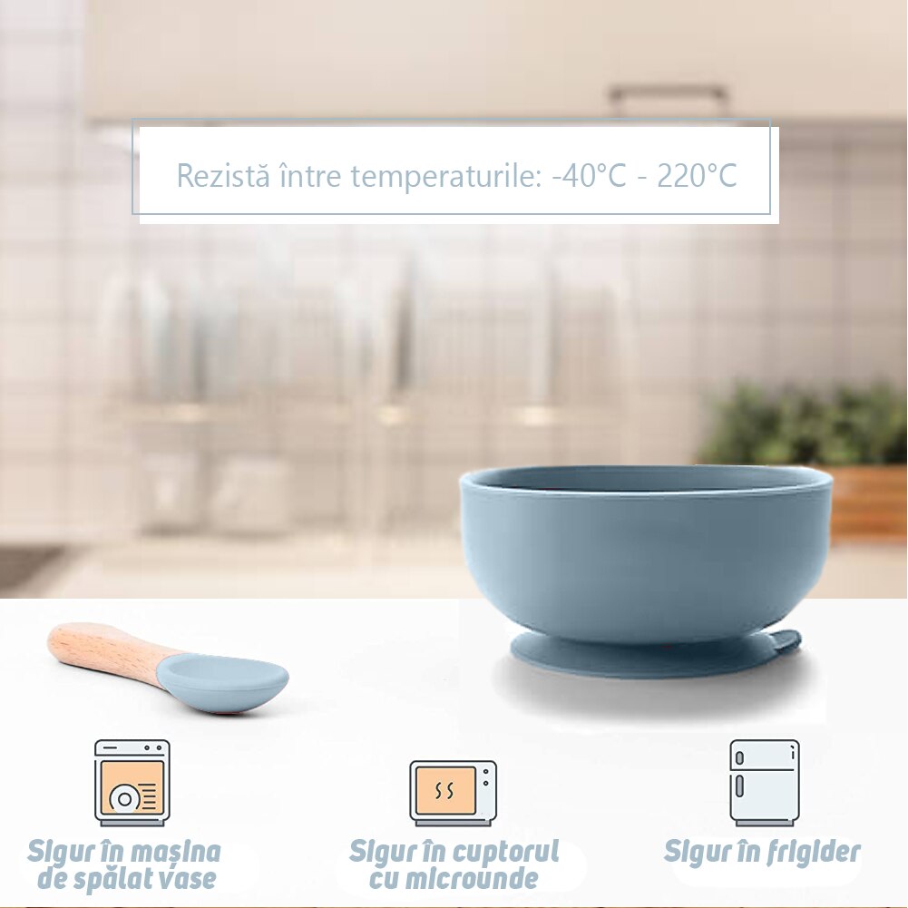 Set hranire bebe din silicon, 1 bol cu ventuza, lingurita si furculita din silicon cu maner din ...
