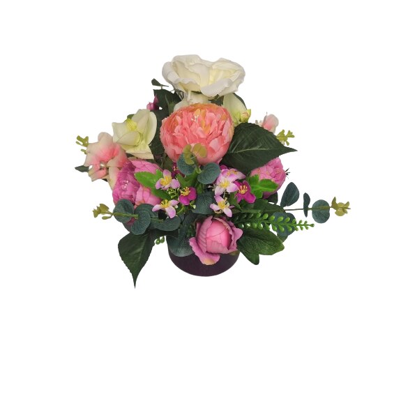 Aranjament floral in vas cu bujori, eucalipt si mini orhidee, 30x30 cm ...