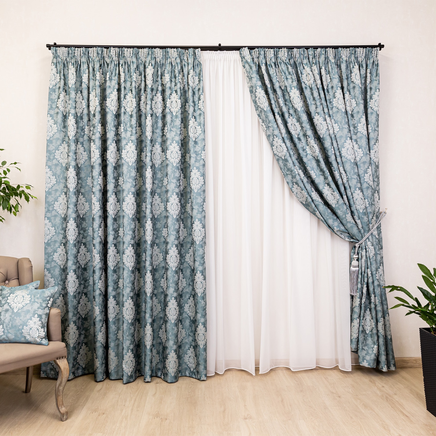 Set 2 draperii baroc, Hiko IMPERIAL SHADOW CHATEAU turcoaz deschis ...