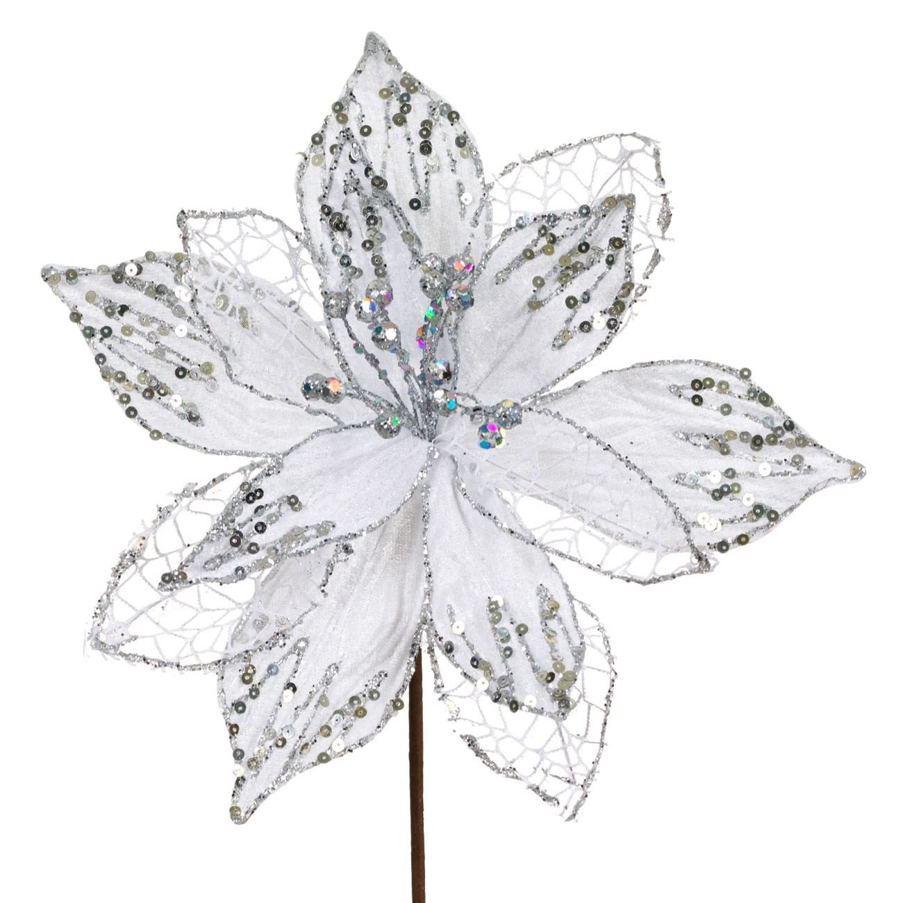 Floare alba cu pietre lucioase decorative de Craciun, 37 cm - eMAG.ro