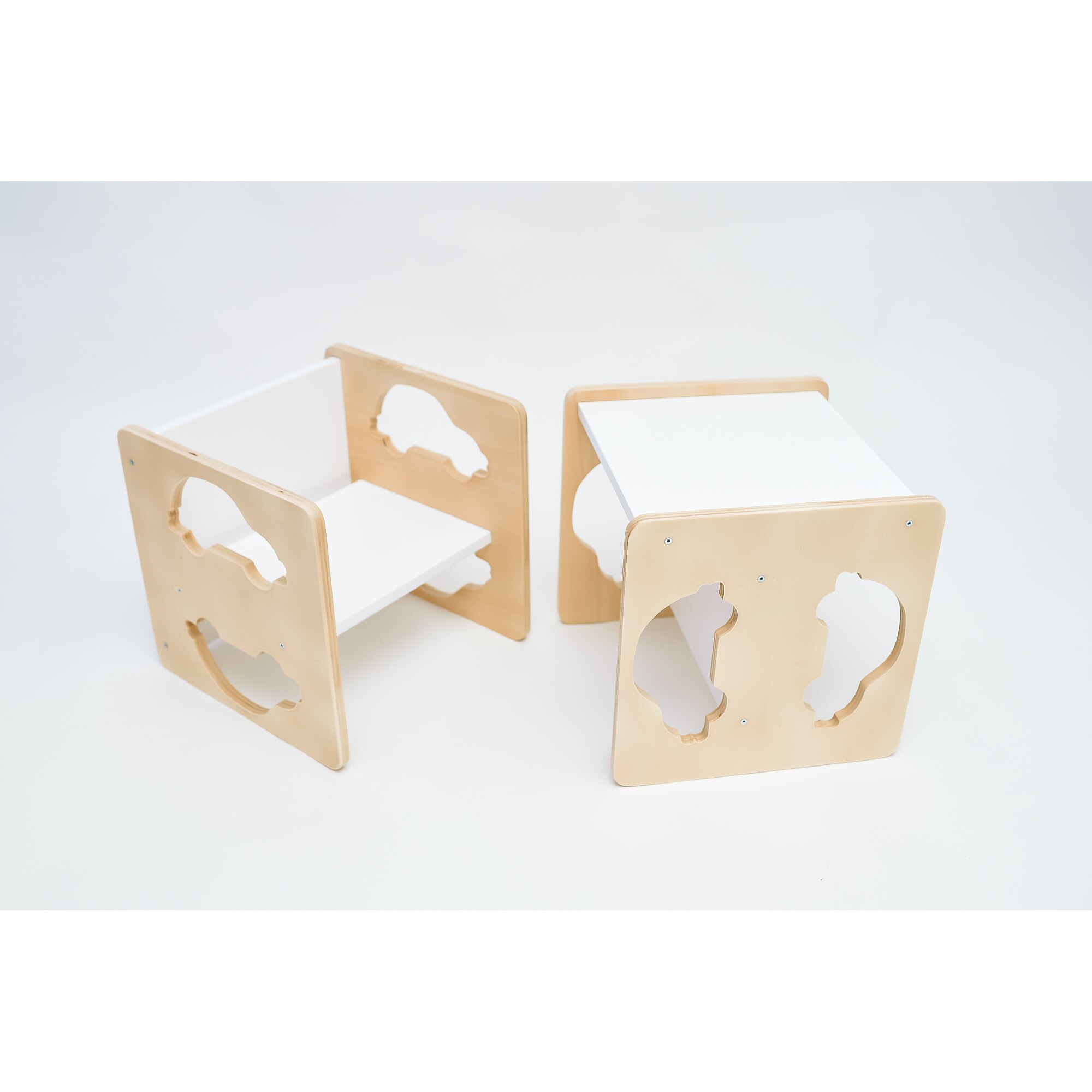 Scaun pentru copii, din lemn, forma cub, multifunctional, model ...