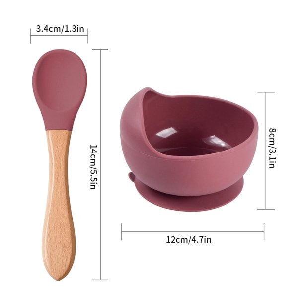Set bol din silicon cu ventuza anti-alunecare si lingurita din bambus, roz, 350 ml - eMAG.ro