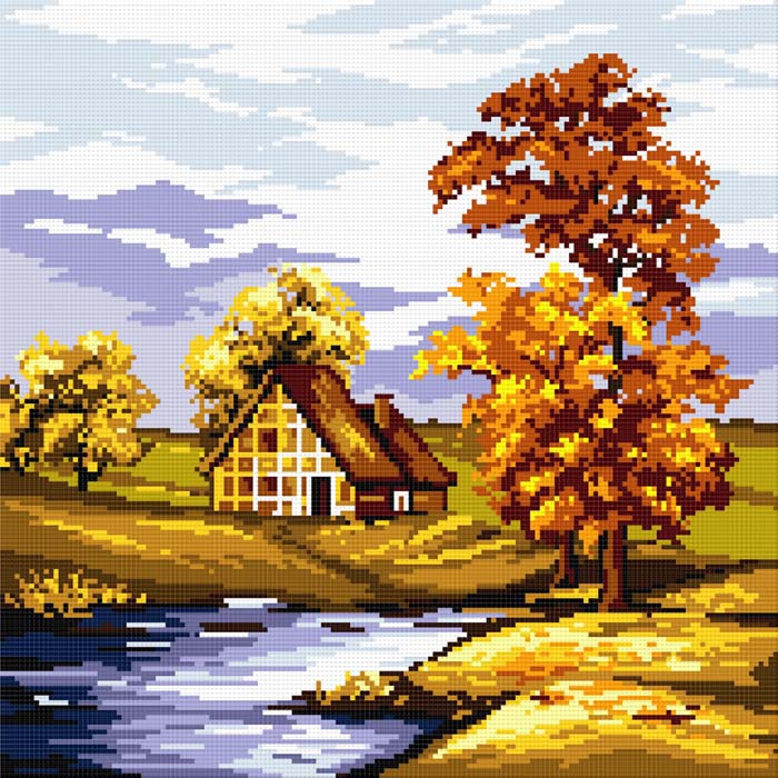 Goblen Toamna, Hudemas, kit imprimat pe panza, cu fire mouline, 16x16cm ...