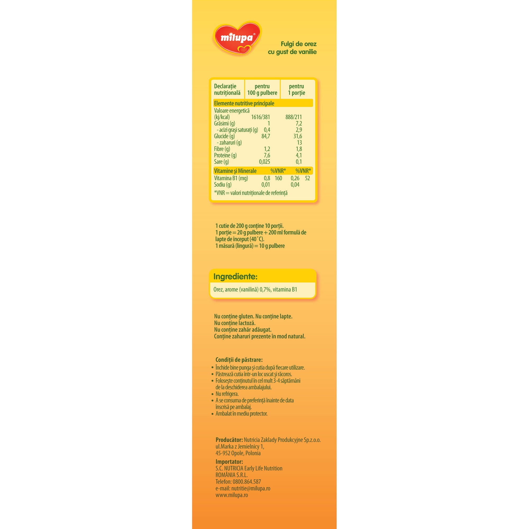 Cereale fara lapte Milupa Fulgi de orez cu gust Vanilie, 200 g, de la 4 ...