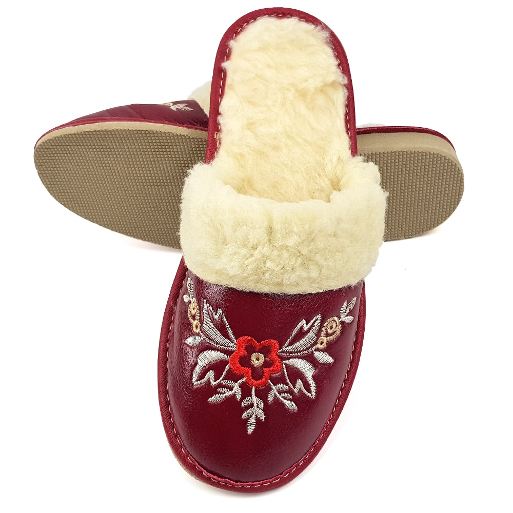 Slapi de Casa, Model 'Akna Winter', Imblaniti cu Lana, Culoare Visiniu ...