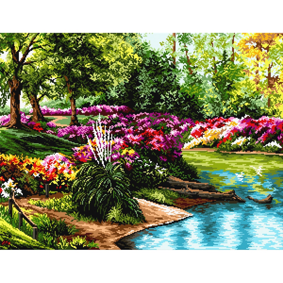 Goblen Gradina cu lac, Hudemas, kit imprimat pe panza, cu fire mouline ...