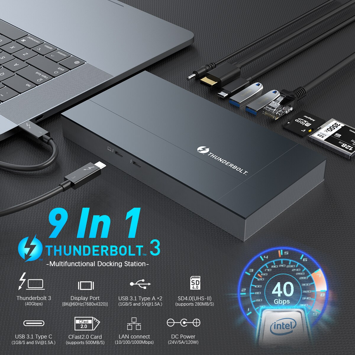 Hub adapter 9 az 1-ben Thunderbolt 3 RikBo®, 2 x 40 Gbps Thunderbolt 3 ...