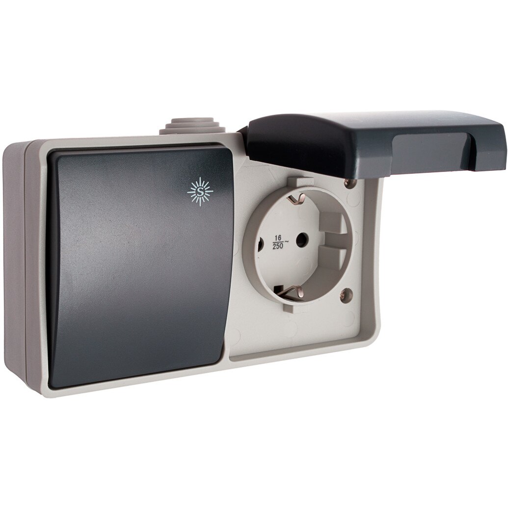 Intrerupator si priza Solera 3363 aparent orizontal cu capac gri IP54 ...