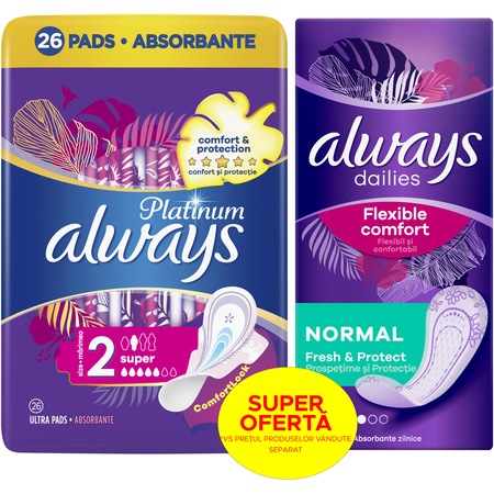 Pachet: Aborbante Always Platinum Super, 26 buc + Absorbante zilnice ...