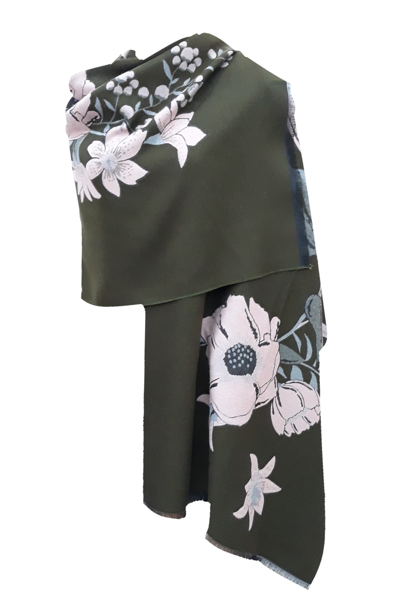 Sal dama, cu doua fete ,verde kaki\ roz, model floral, dimensiune ...