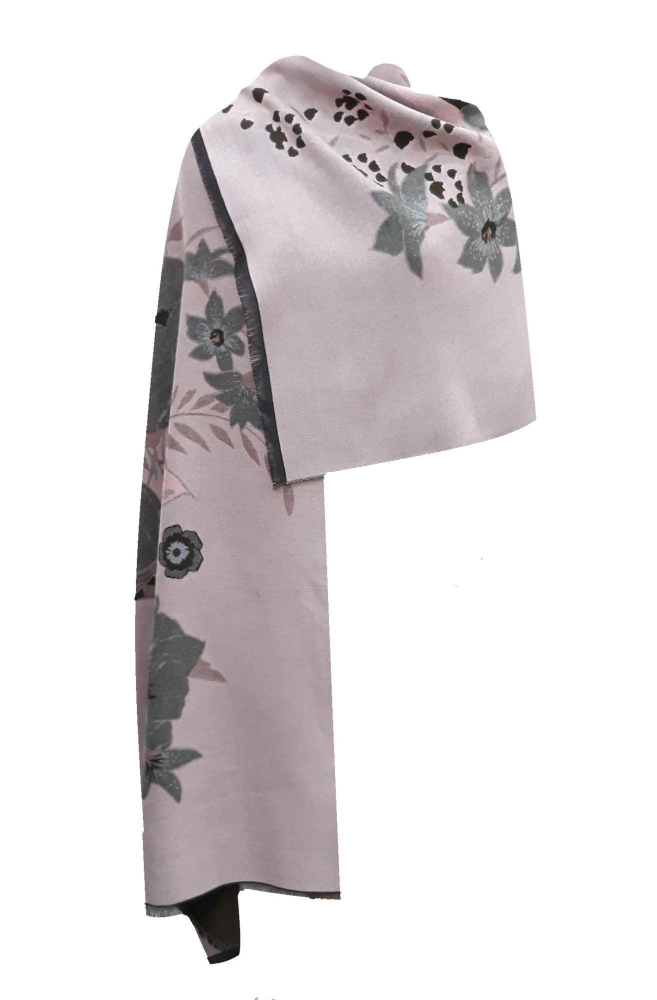 Sal dama, cu doua fete ,verde kaki\ roz, model floral, dimensiune ...