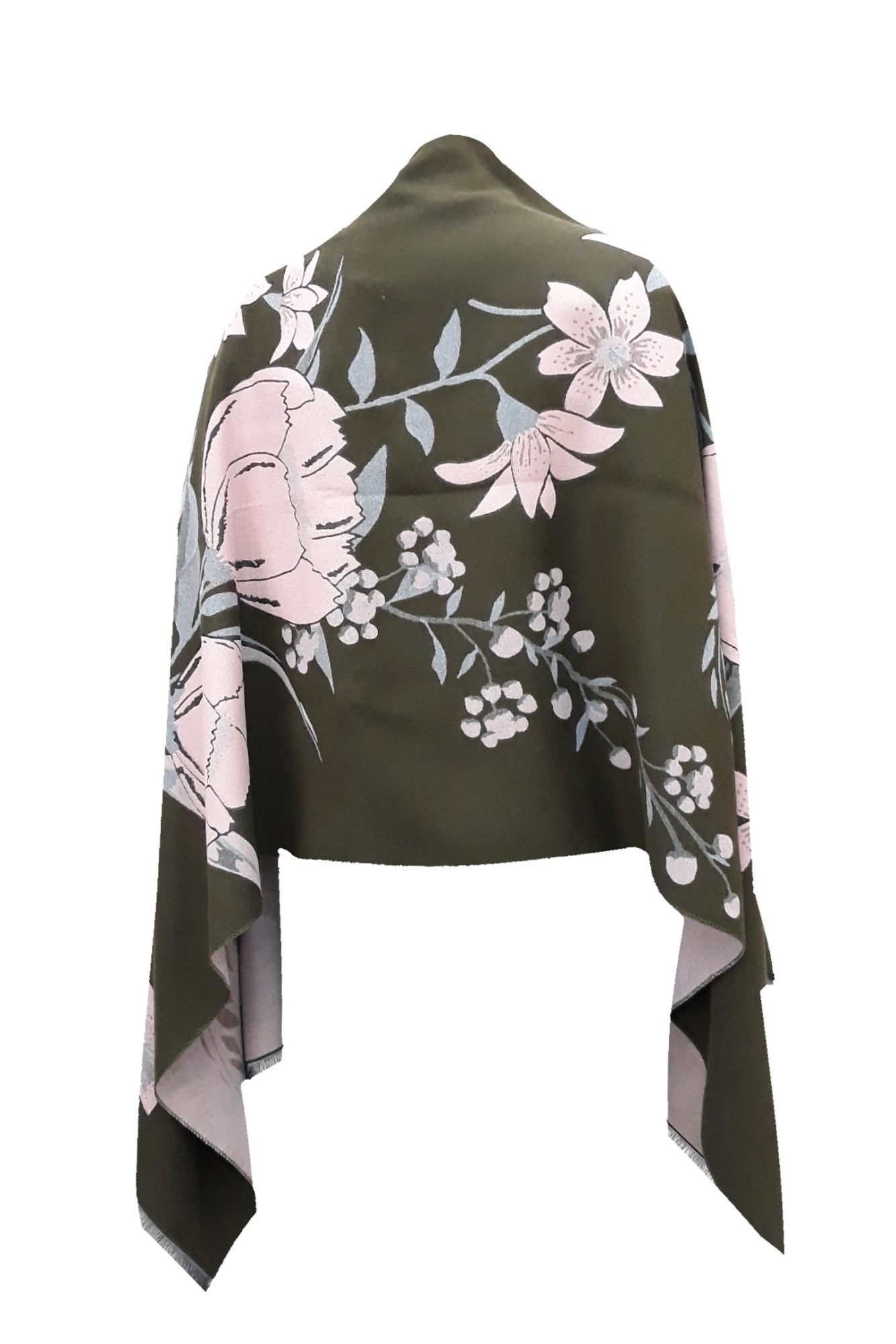 Sal dama, cu doua fete ,verde kaki\ roz, model floral, dimensiune ...