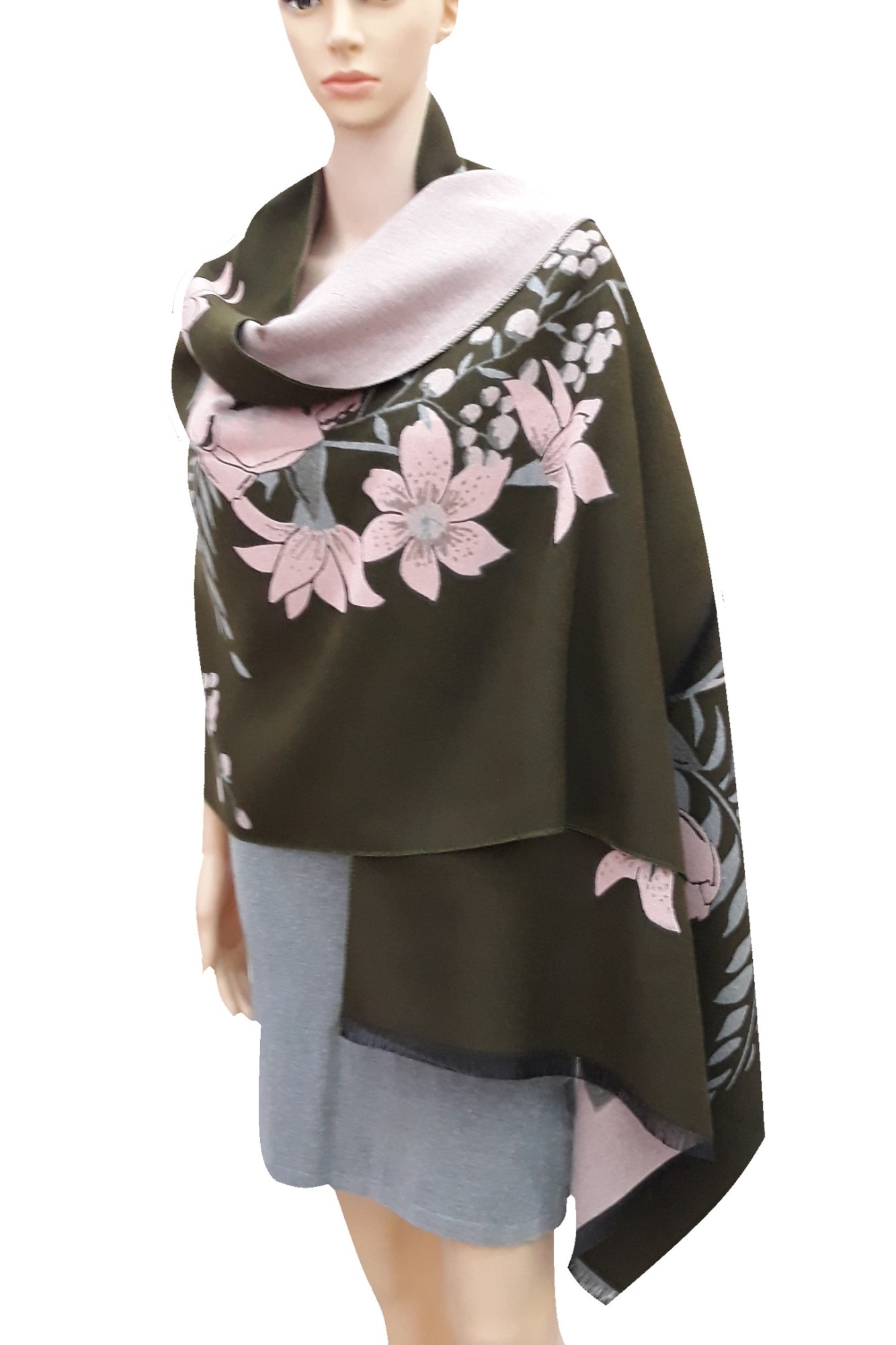 Sal dama, cu doua fete ,verde kaki\ roz, model floral, dimensiune ...