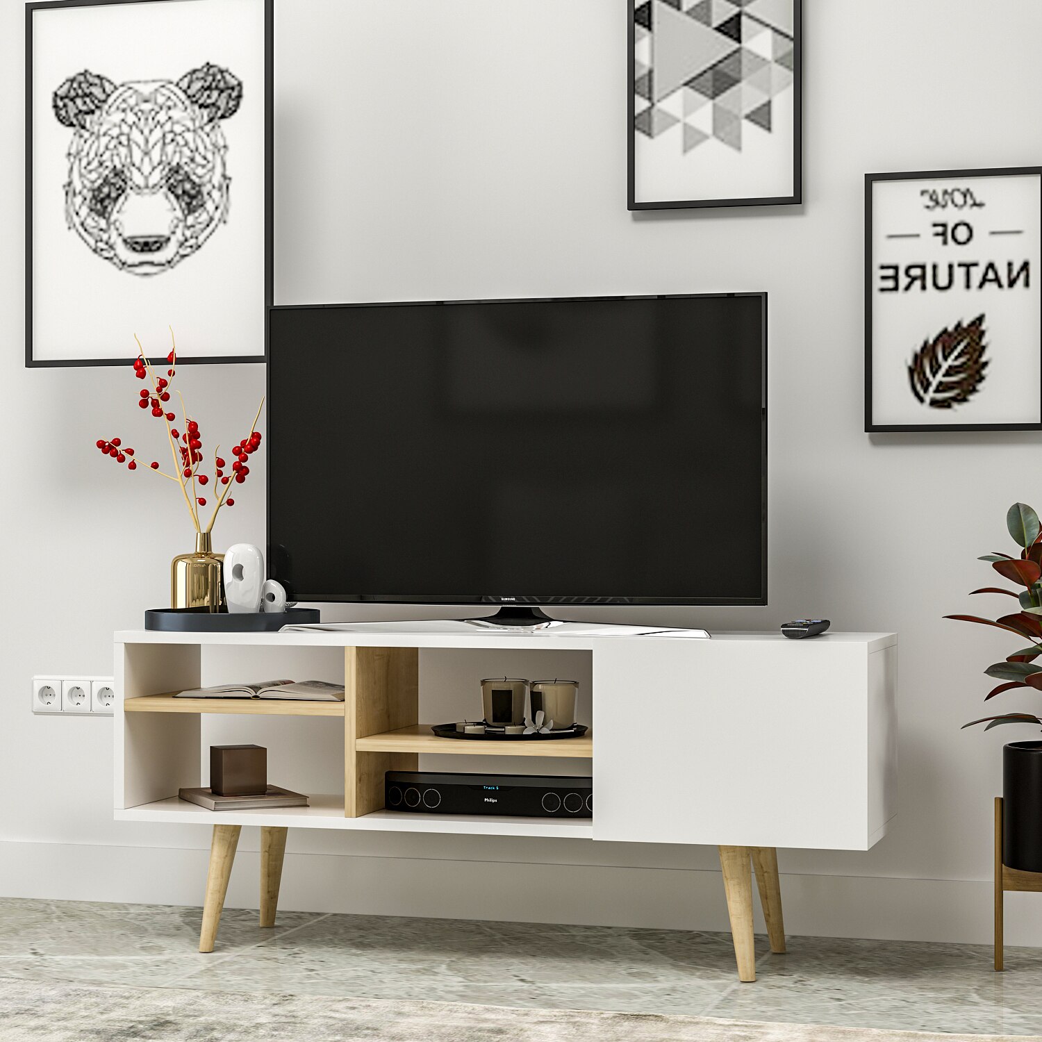 Comoda tv picioare lemn Amy Homs 120x 30 x 50 cm stejar-alb - eMAG.ro