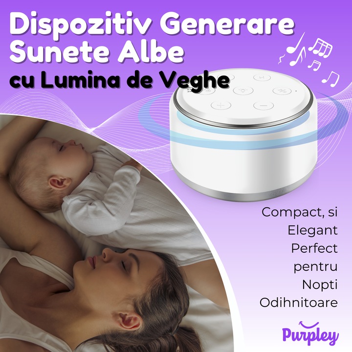 Dispozitiv Sunete Albe, white noise, Purpley®, 34 sunete, pentru copii ...