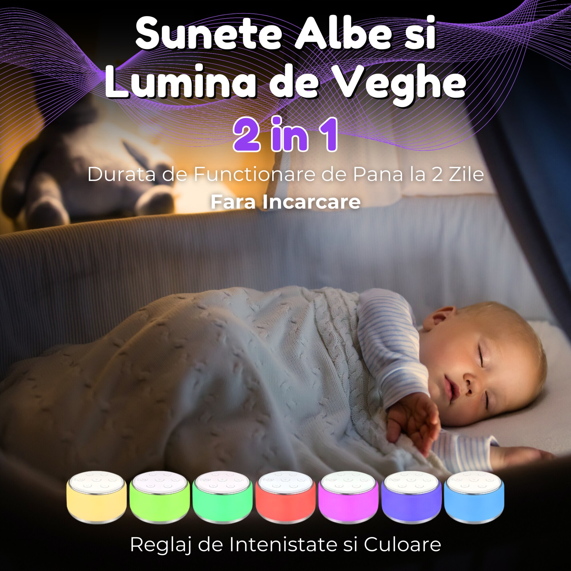 Dispozitiv Sunete Albe, white noise, Purpley®, 34 sunete, pentru copii ...