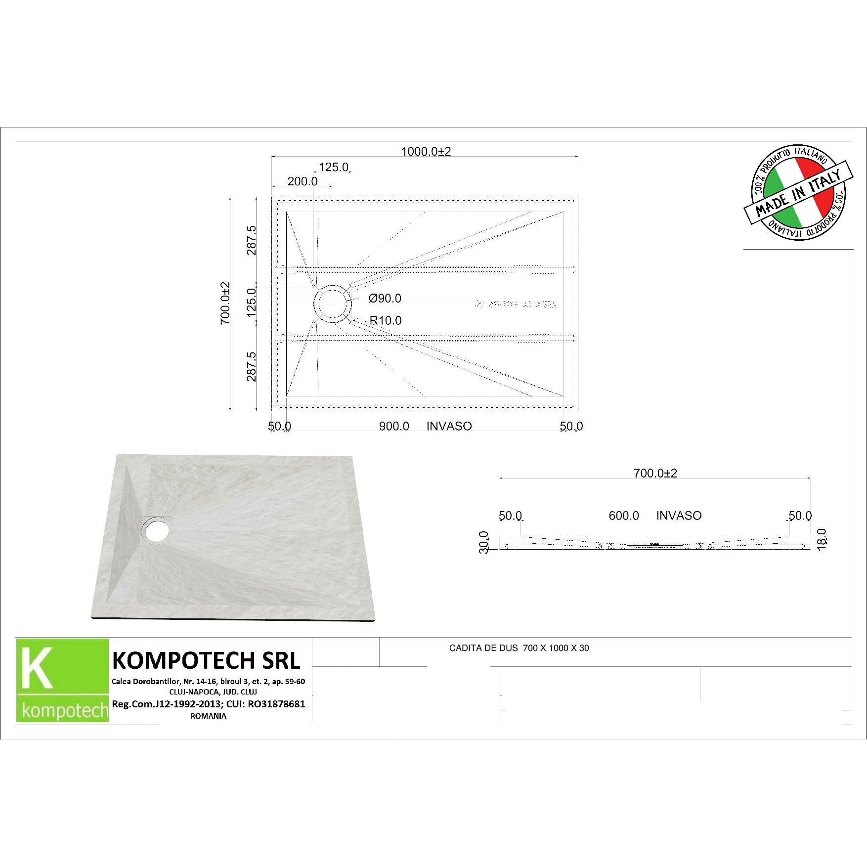 Cadita de dus din Compozit 70 x 100 cm cu sifon de scurgere si grila de ...