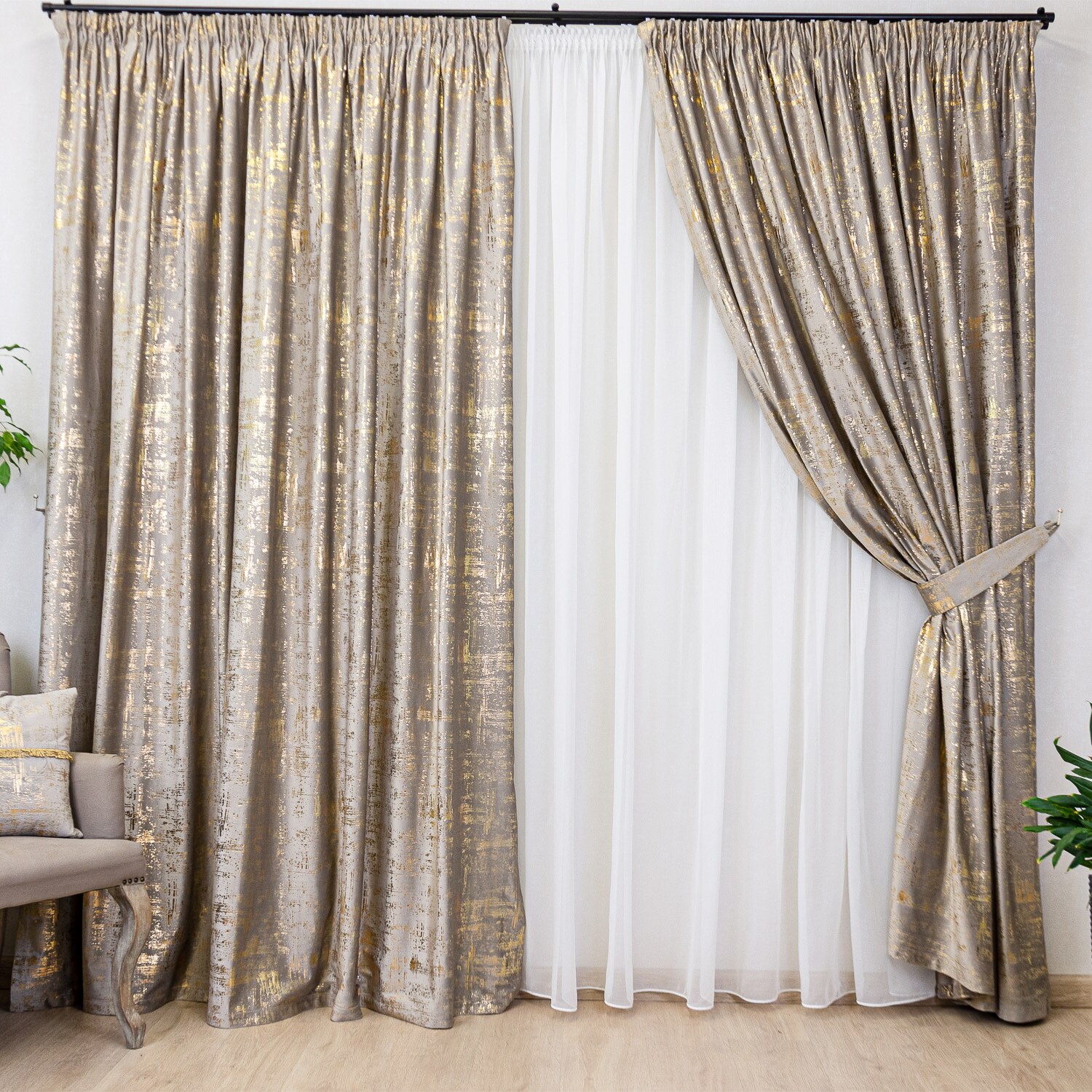 Set 2 draperii Hiko COMFY IMPERIAL catifea imprimata, crem gold ...
