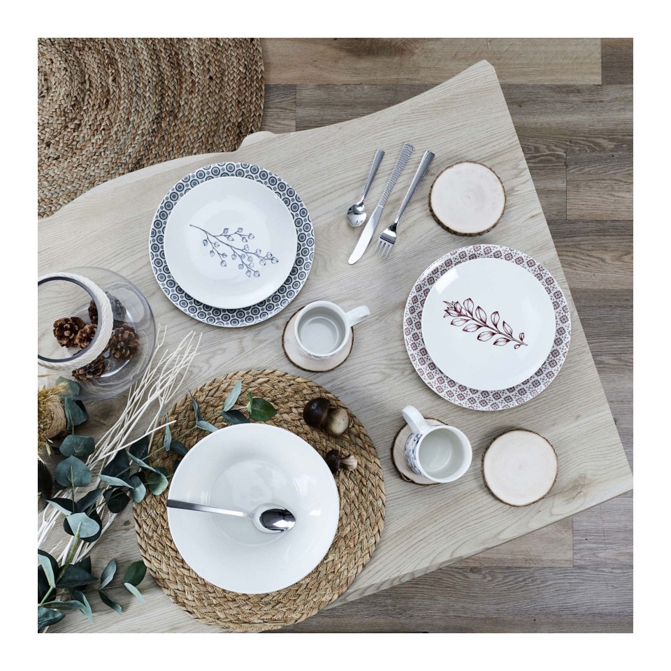 Set 18 piese vesela, alb-rosu, forma rotunda, portelan - eMAG.ro